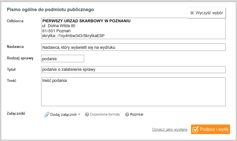 ePUAP - wysyłka na adres Elektronicznej Skrzynki Podawczej