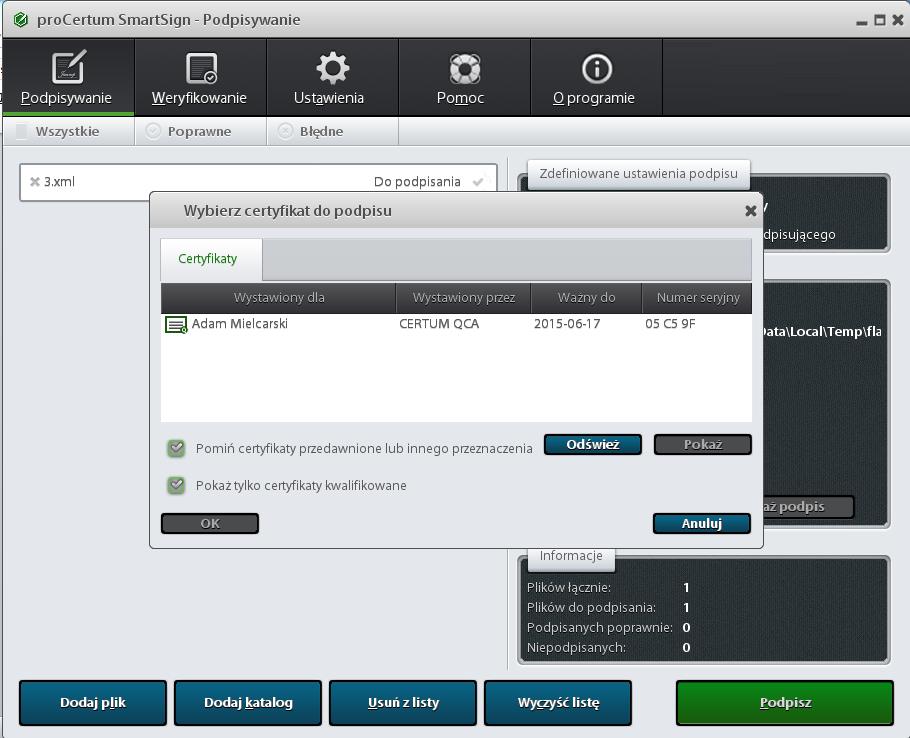 Podpis e-Deklaracji za pomocą aplikacji proCertum Smart Sign’